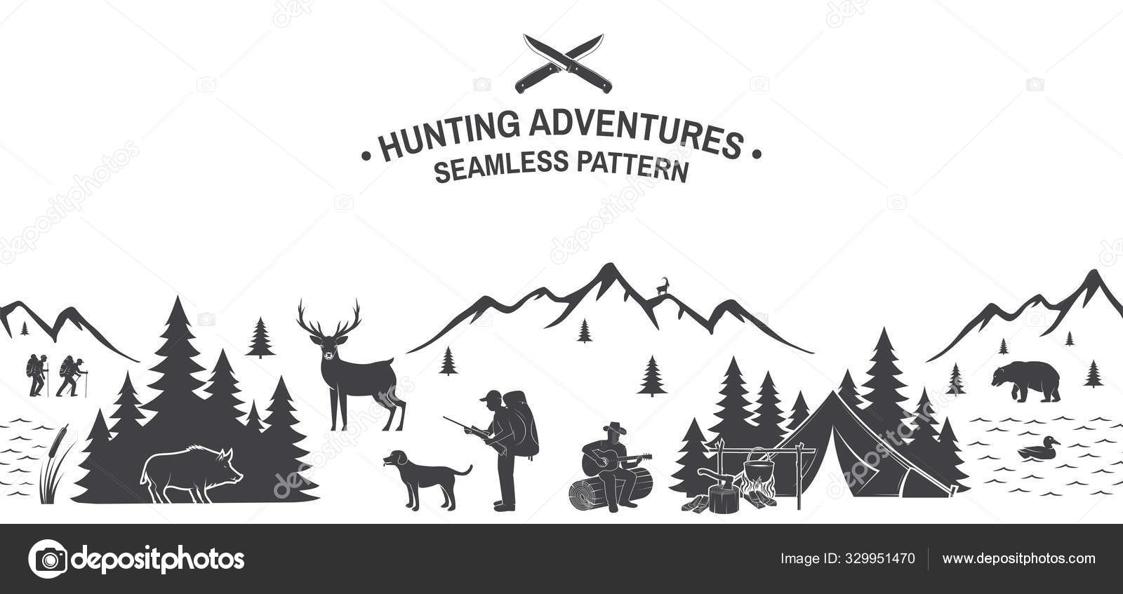 Set of Hunting adventures seamless pattern. Vector. Outdoor adventure ...