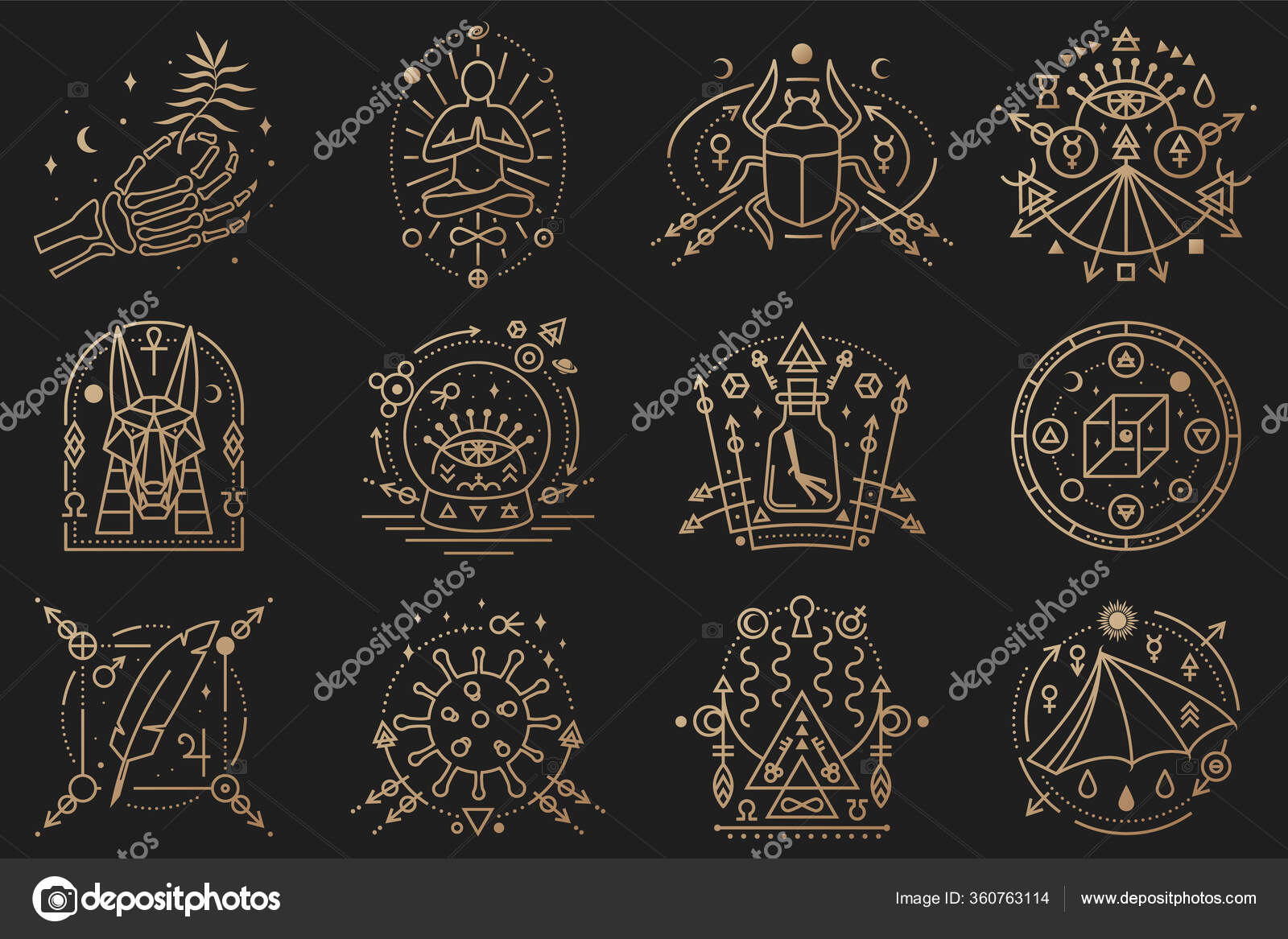 Esoteric symbols. Vector illustration. Outline icon for alchemy, sacred ...