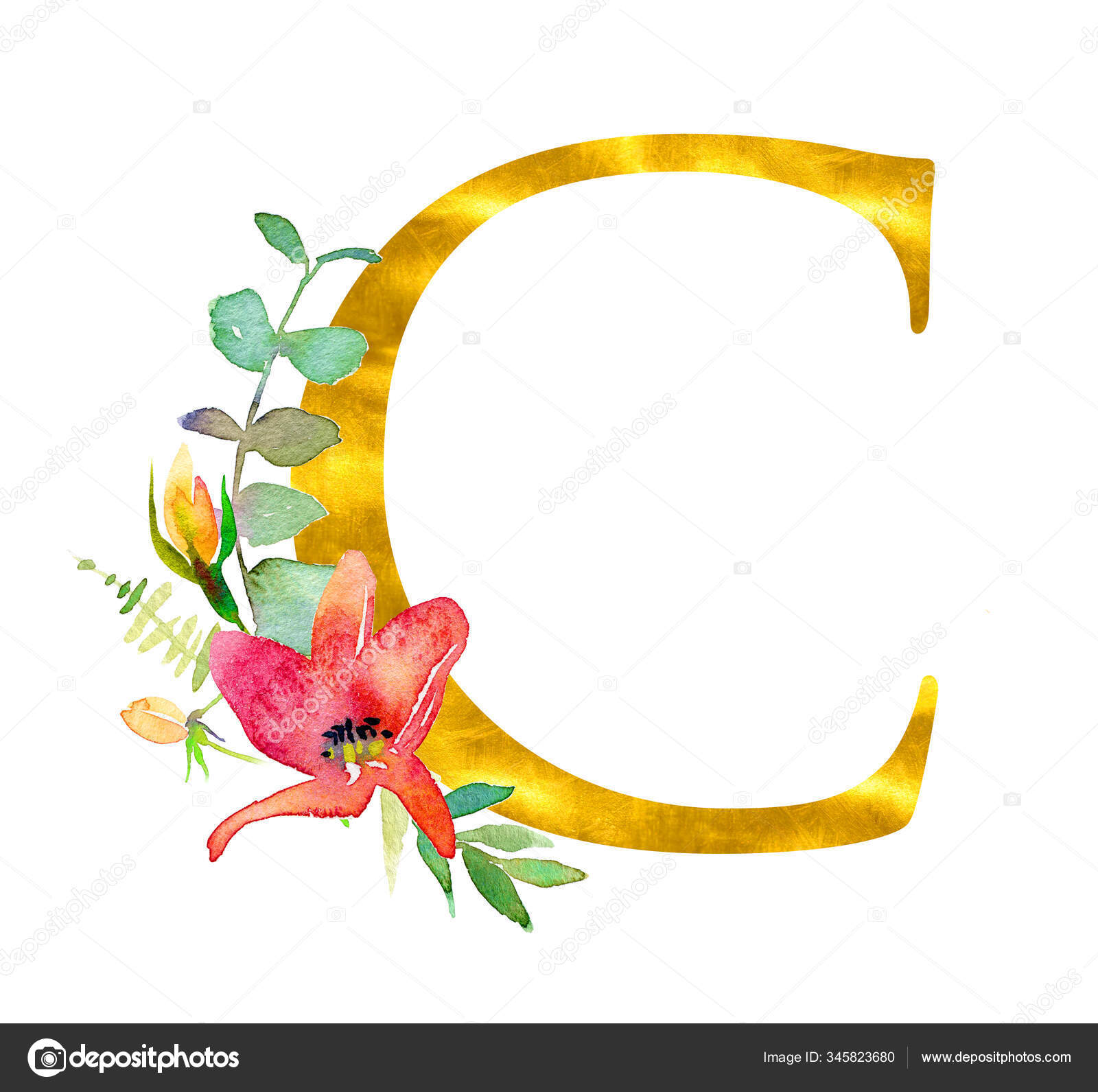 Golden classical form letter C decorated with watercolor flowers and ...