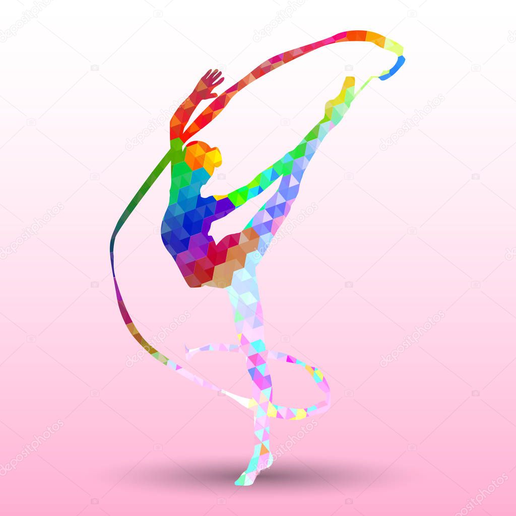 Creative silhouette of gymnastic girl. Art gymnastics with ribbon ...