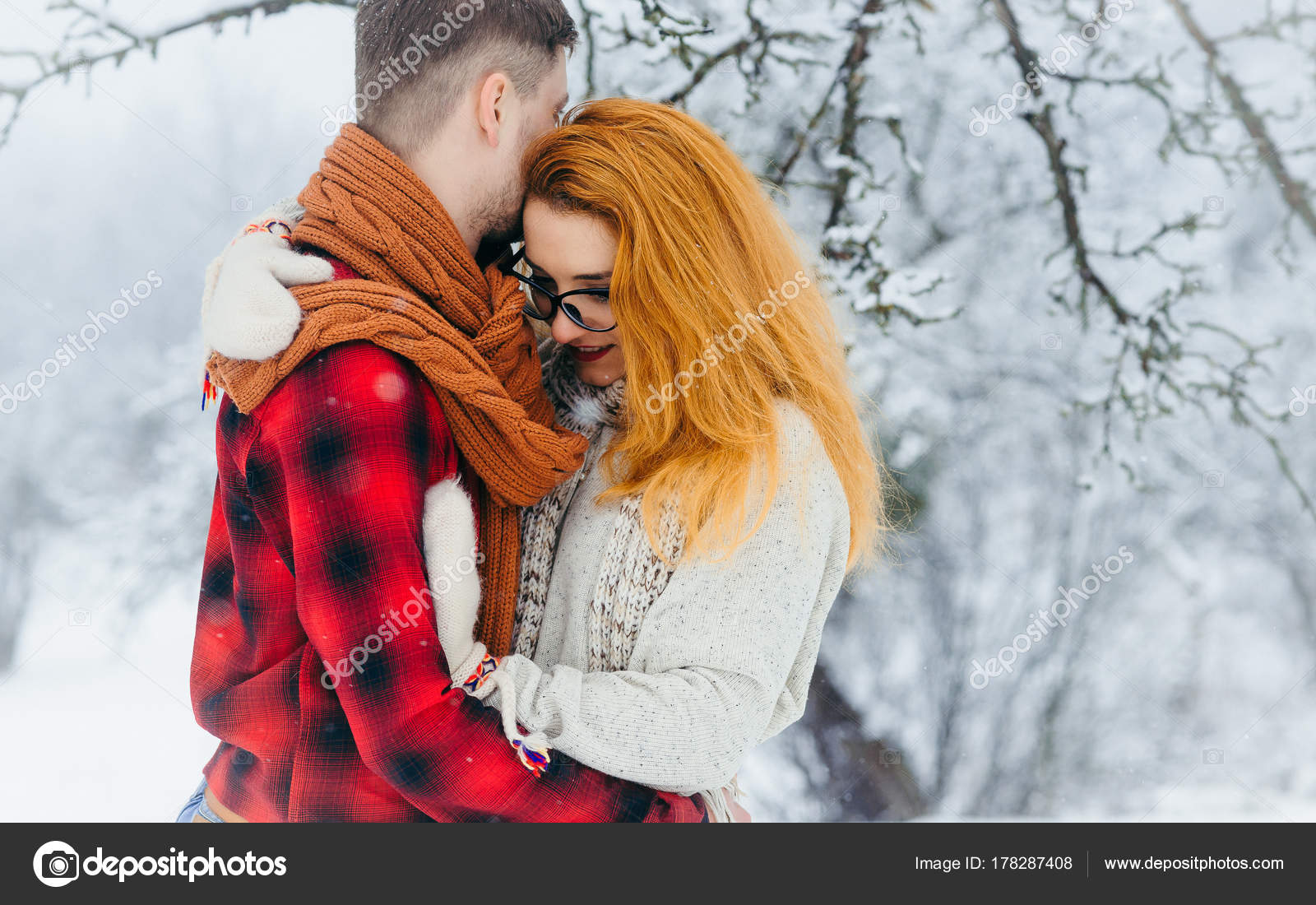 Horizontal close-up portrait of the sensitive loving couple softly ...