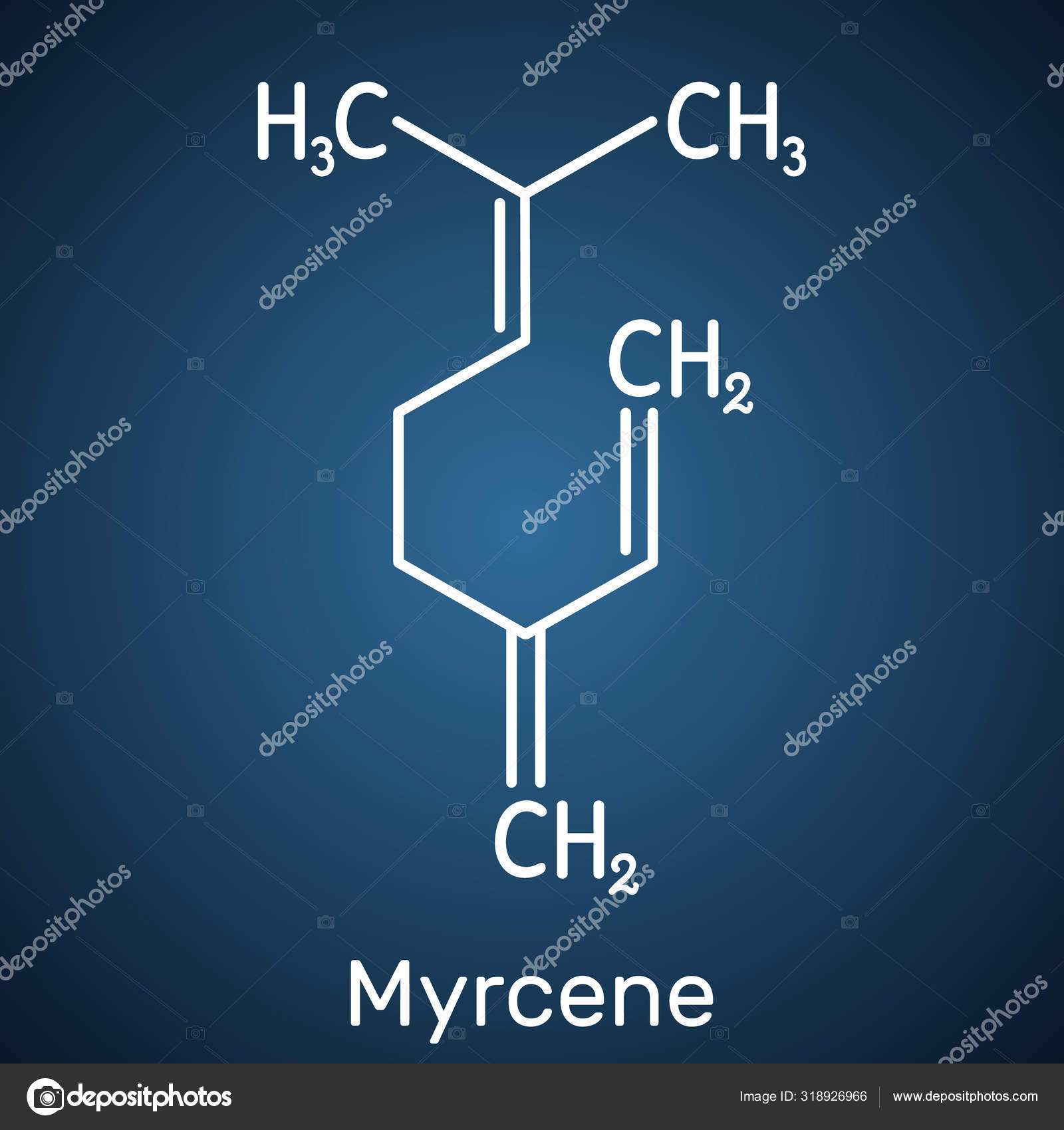 Myrcene (beta-myrcene molekülü), tek hücreli doğal bir organik hidrokarbondur. Koyu mavi ...