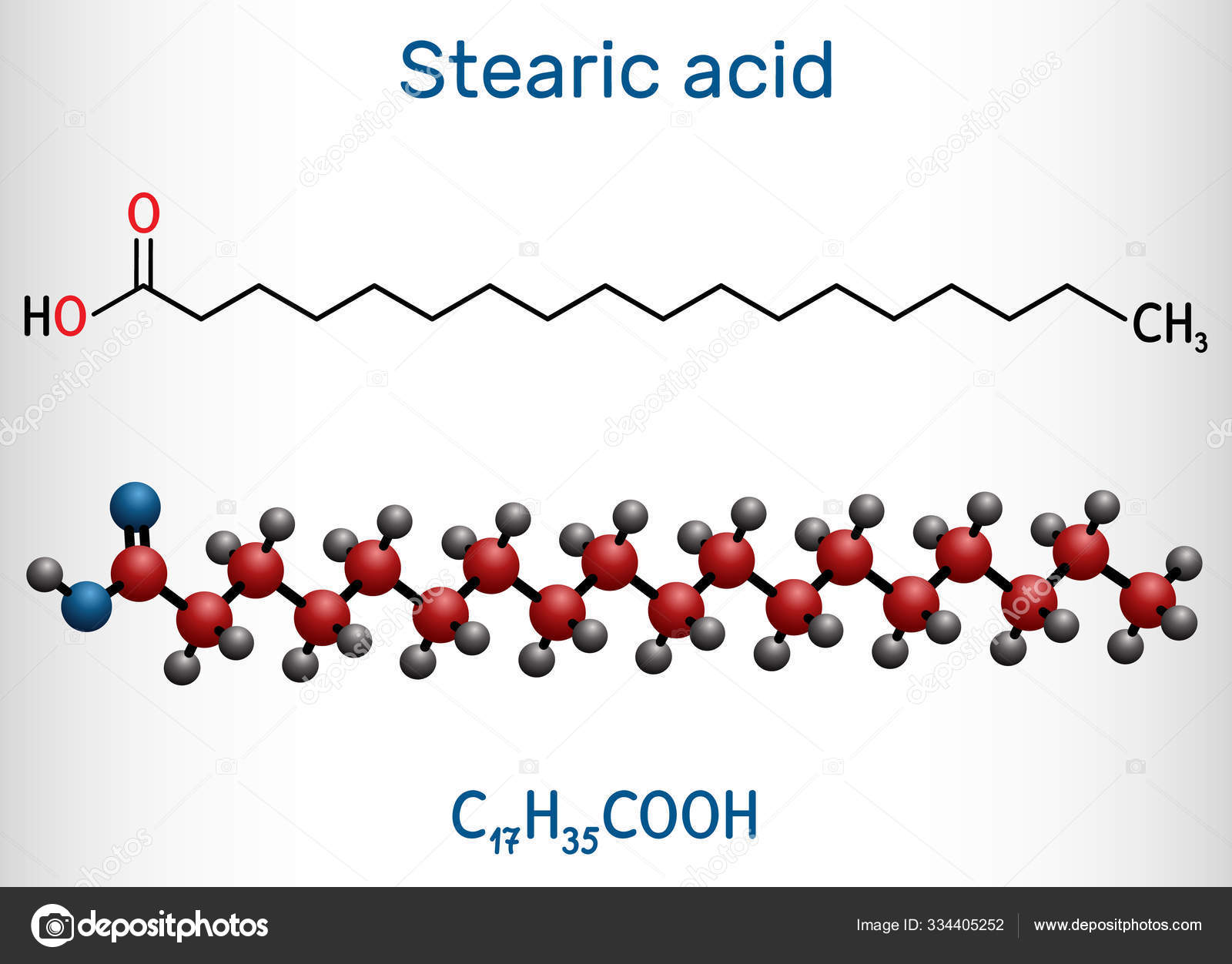 Stearic acid, octadecanoic, saturated fatty acid molecule. Structural ...