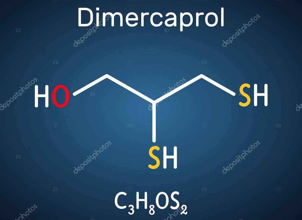 Dimercaprol, BAL, British anti-Lewisite, C3H8OS2, molécula. Es agente ...