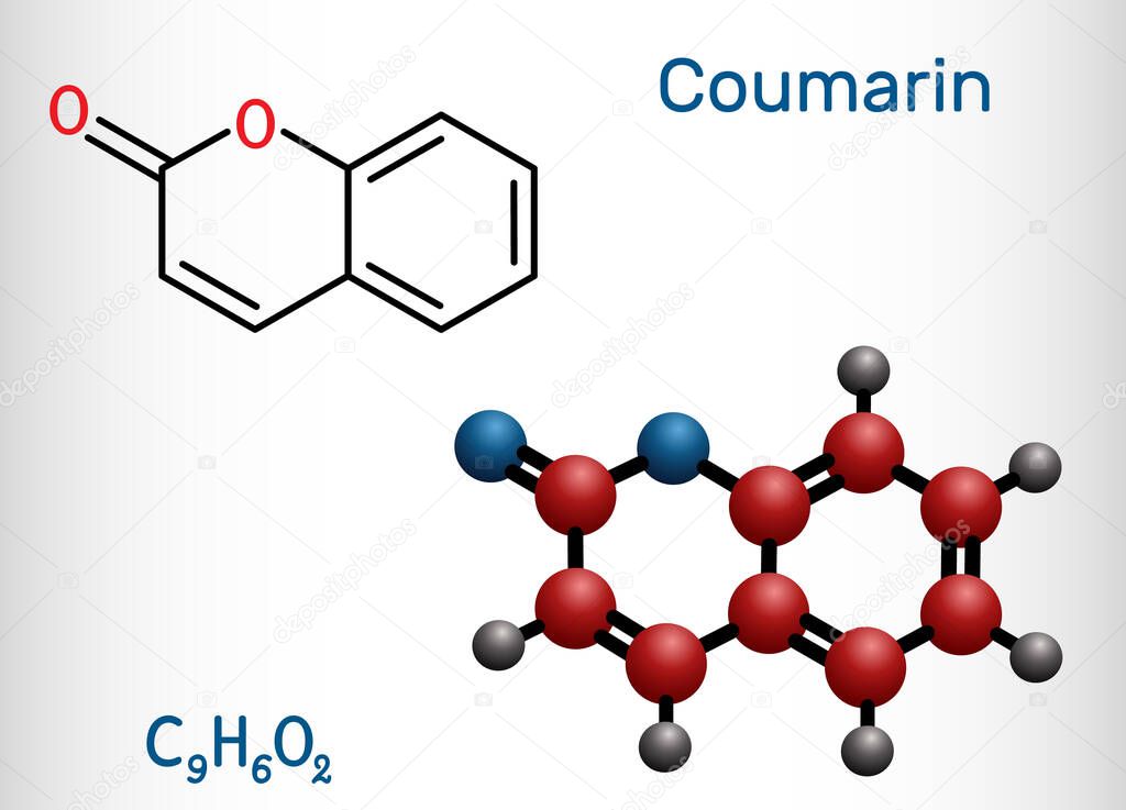 Cumarina, molécula de C9H6O2. Tiene olor dulce, reconocido como olor a ...