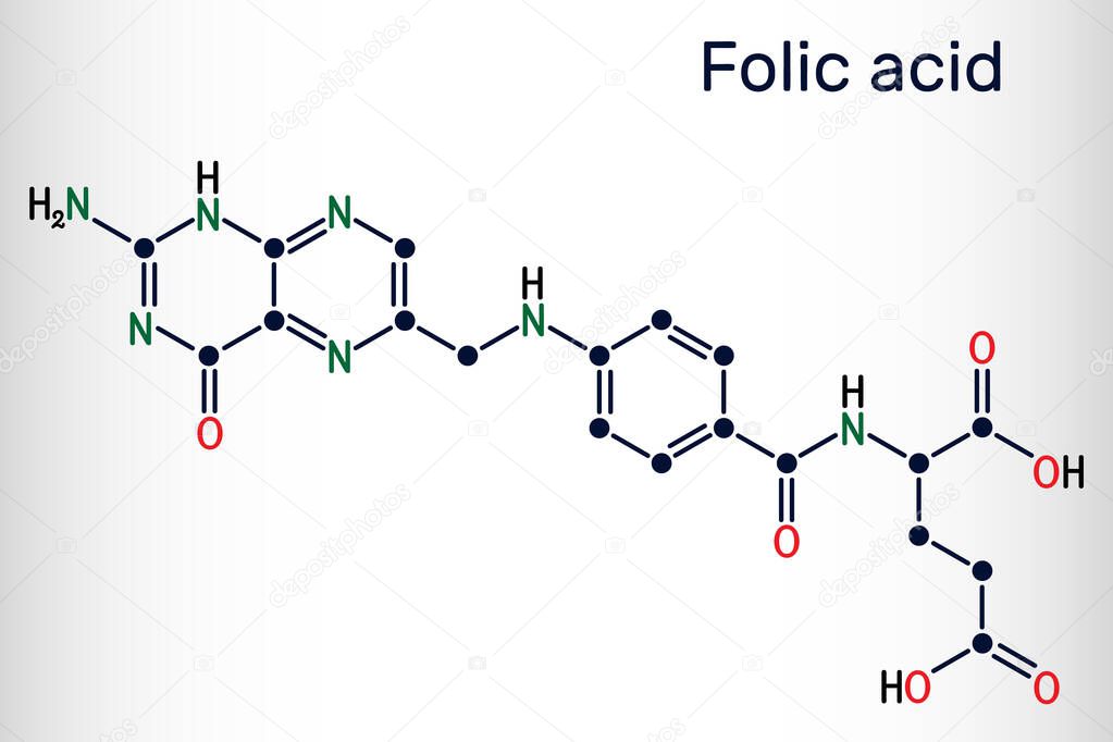 Ácido fólico, molécula de folato. Se conoce como vitamina B9. Fórmula química esquelética ...