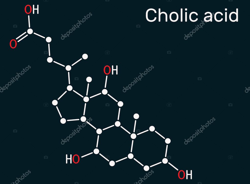 Ácido cólico, molécula de C24H40O5. Es el principal ácido biliar ...