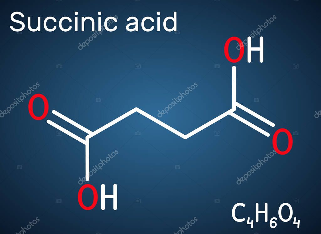 Ácido succínico, ácido butanodioico, molécula de C4H6O4. Es aditivo ...