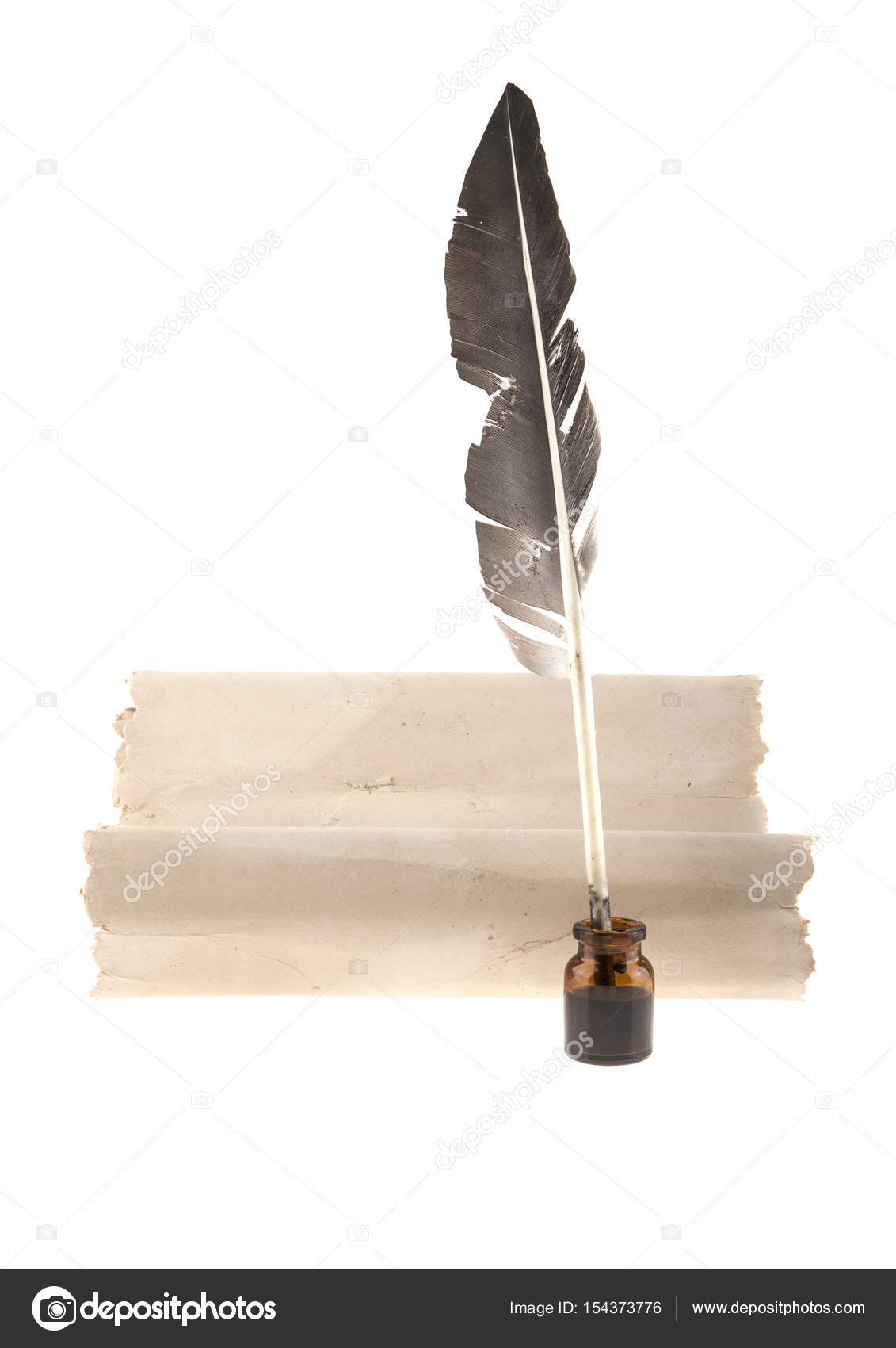 Pen, ink and old paper isolated on white background Stock Photo by ...