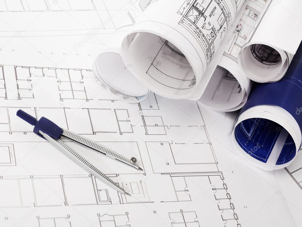 Blueprints and drawing compass Stock Photo by ©Goir 125382650