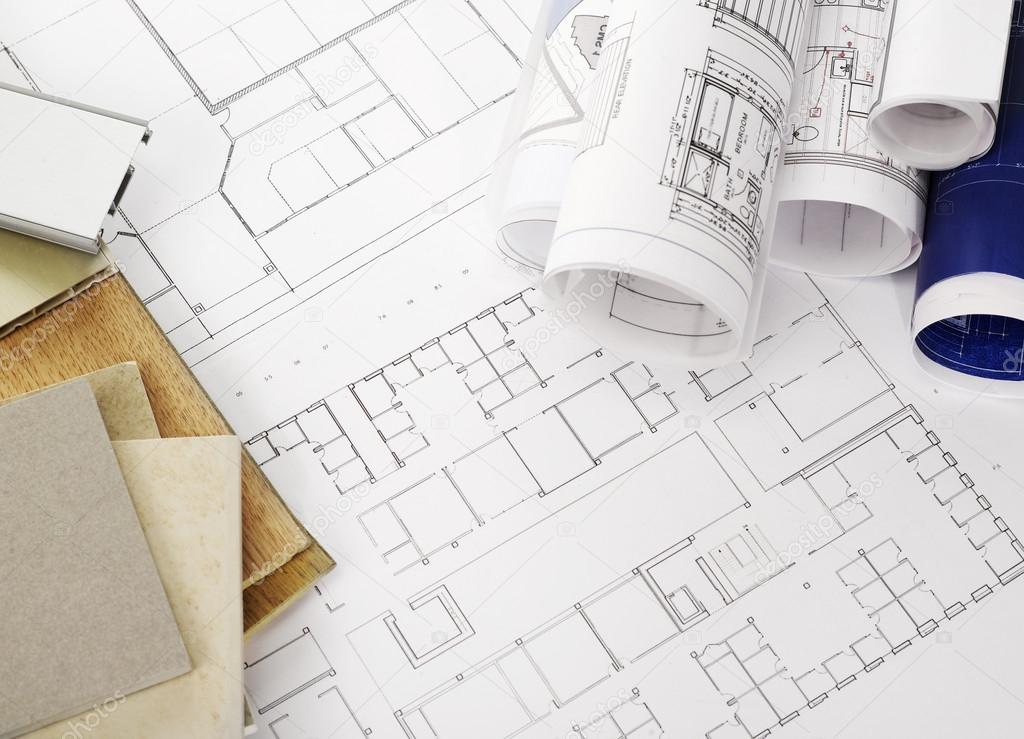Blueprints and construction materials — Stock Photo © Goir #125383602