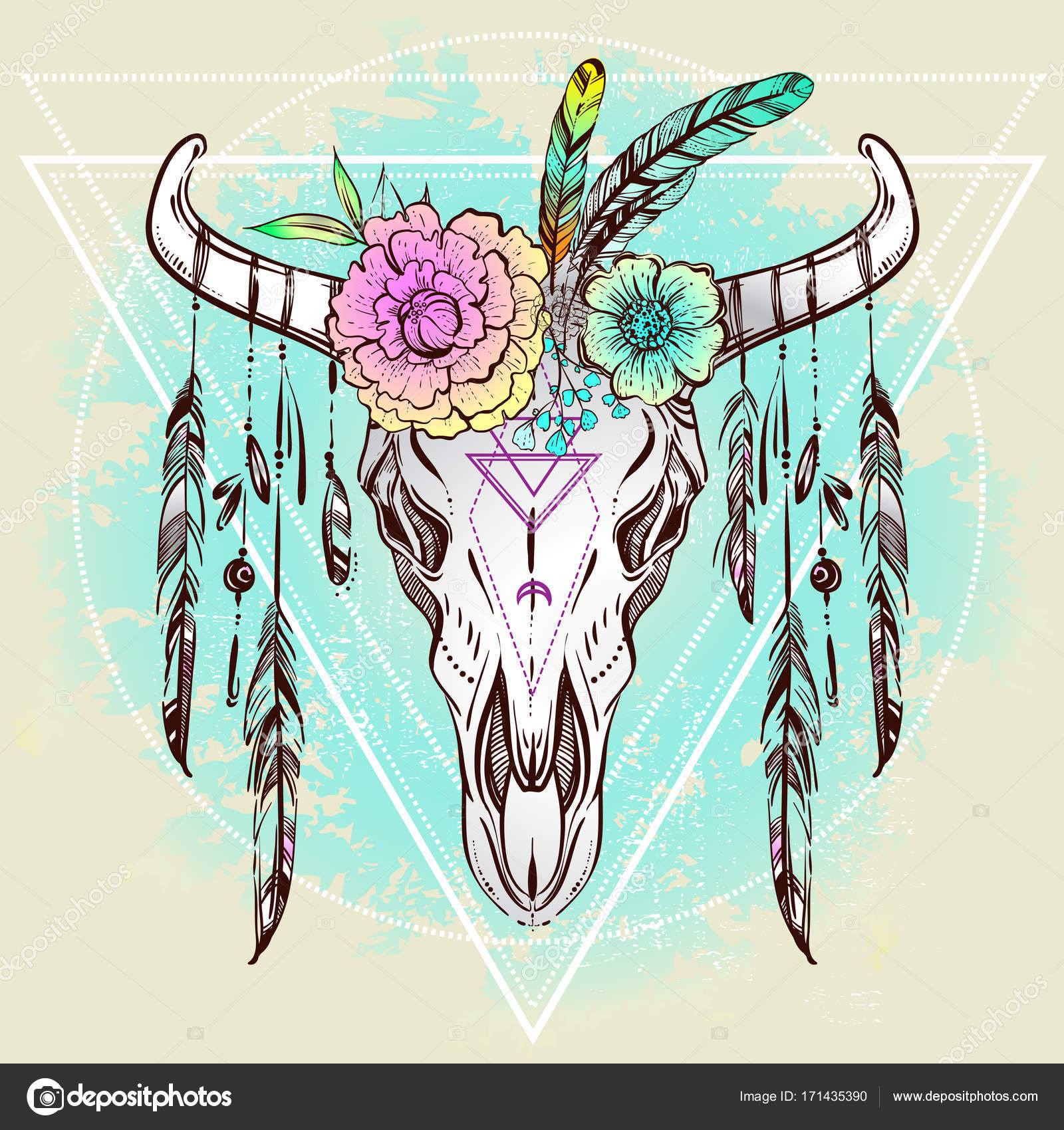 Boho Chic, Ethnic, Native American Bull Skull with Feathers and Boho ...