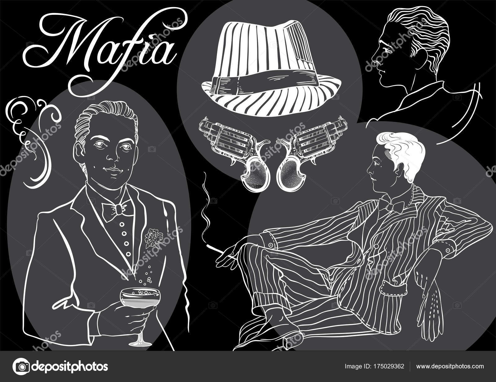 Retro men`s set: sketch style mafia and gangsters of twenties, Vector ...
