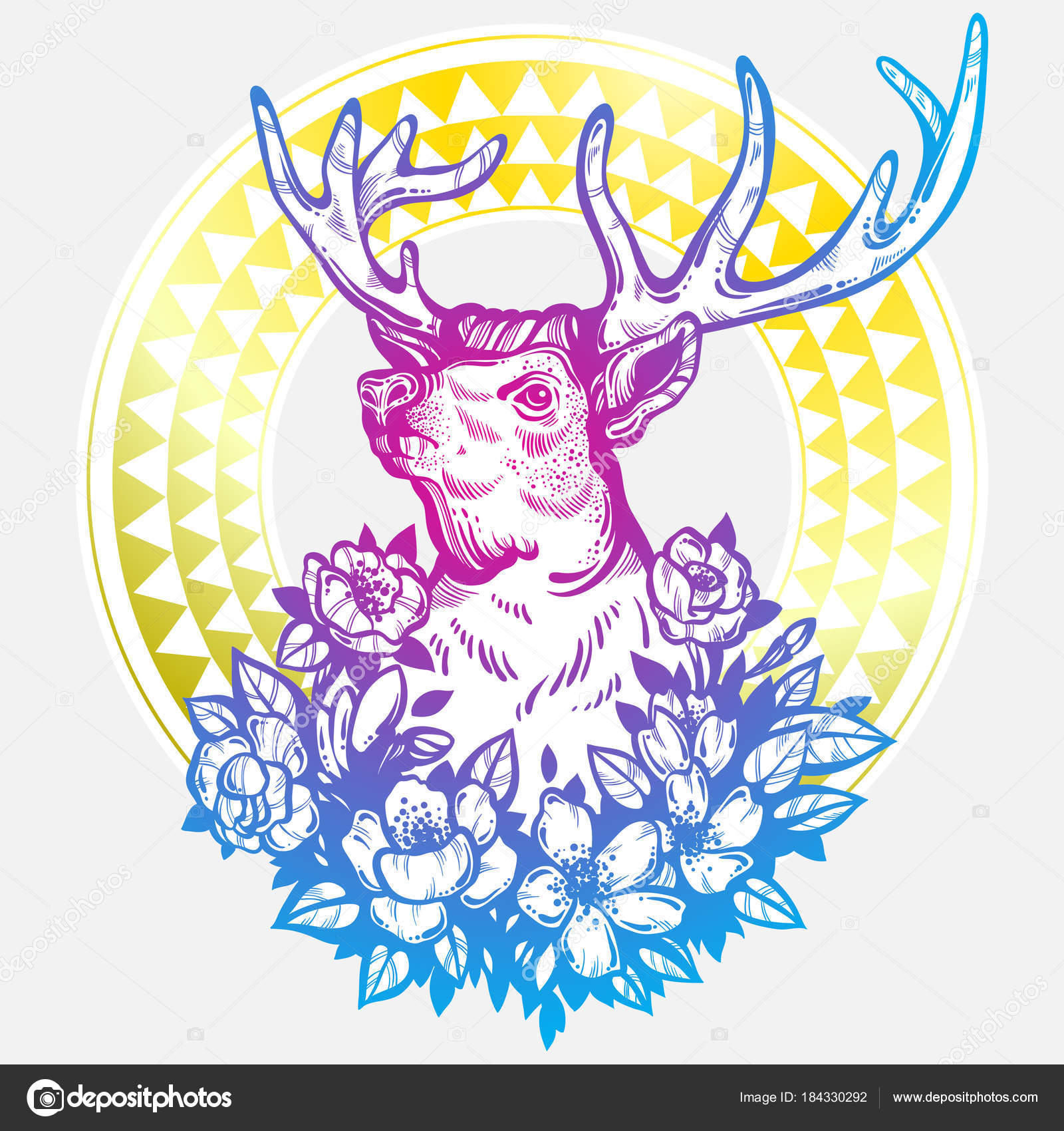 Hand drawn realistic deer surrounded by flowers and tribal geometric ...