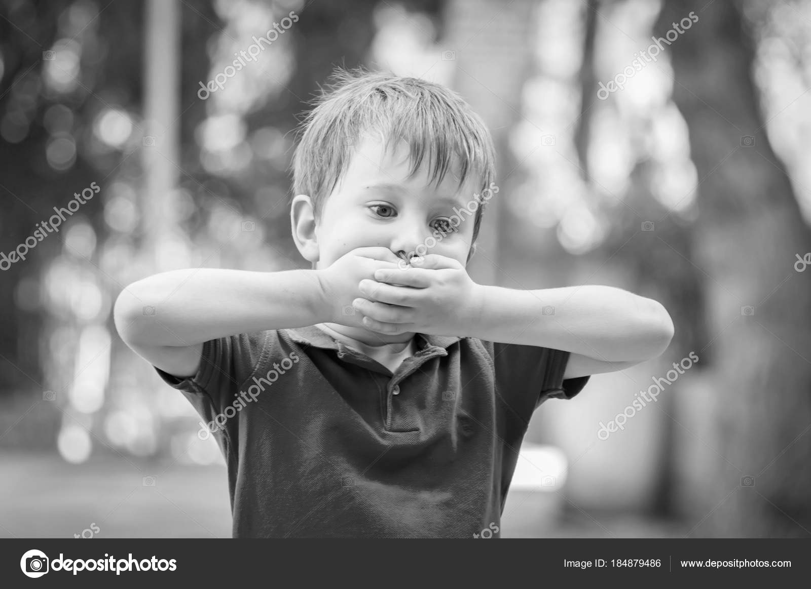 Serious Little Caucasian Boy Closing Mouth Hands Asperger Syndrome ...