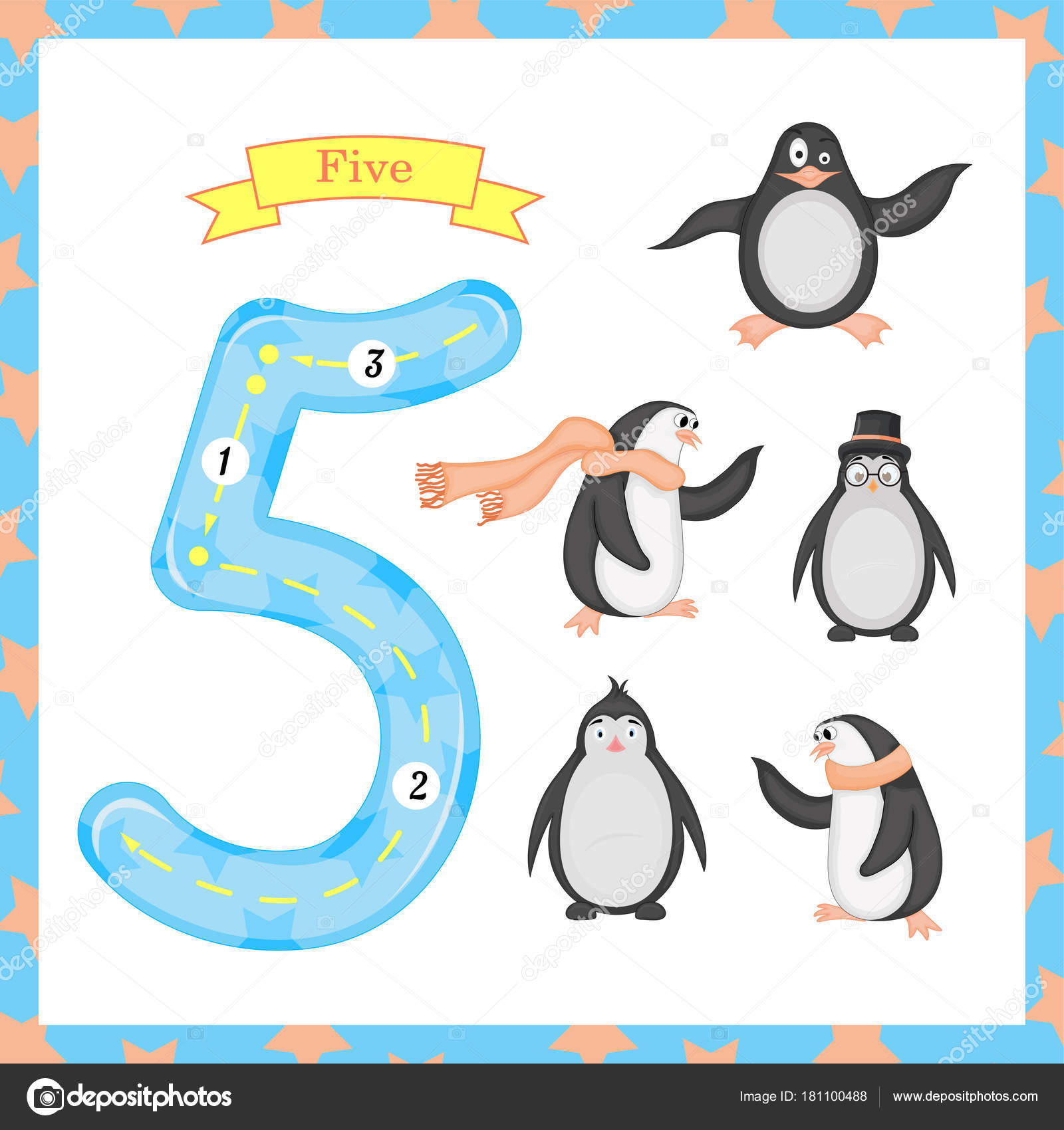 Cute children Flashcard number one tracing with 5 penguins for kids ...