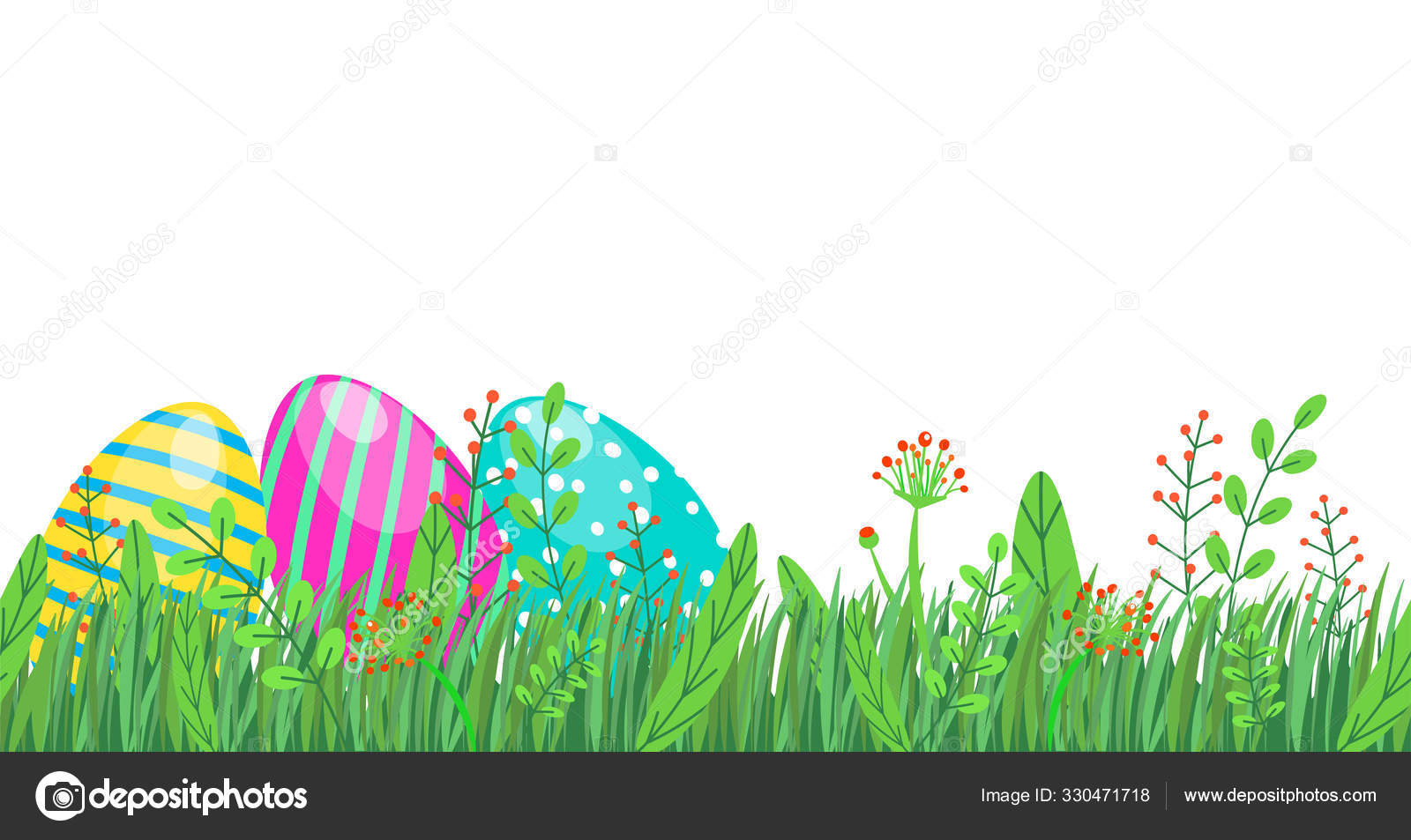 Easter seamless border with eggs, spring grass and floral elements, flowers isolated on white ...