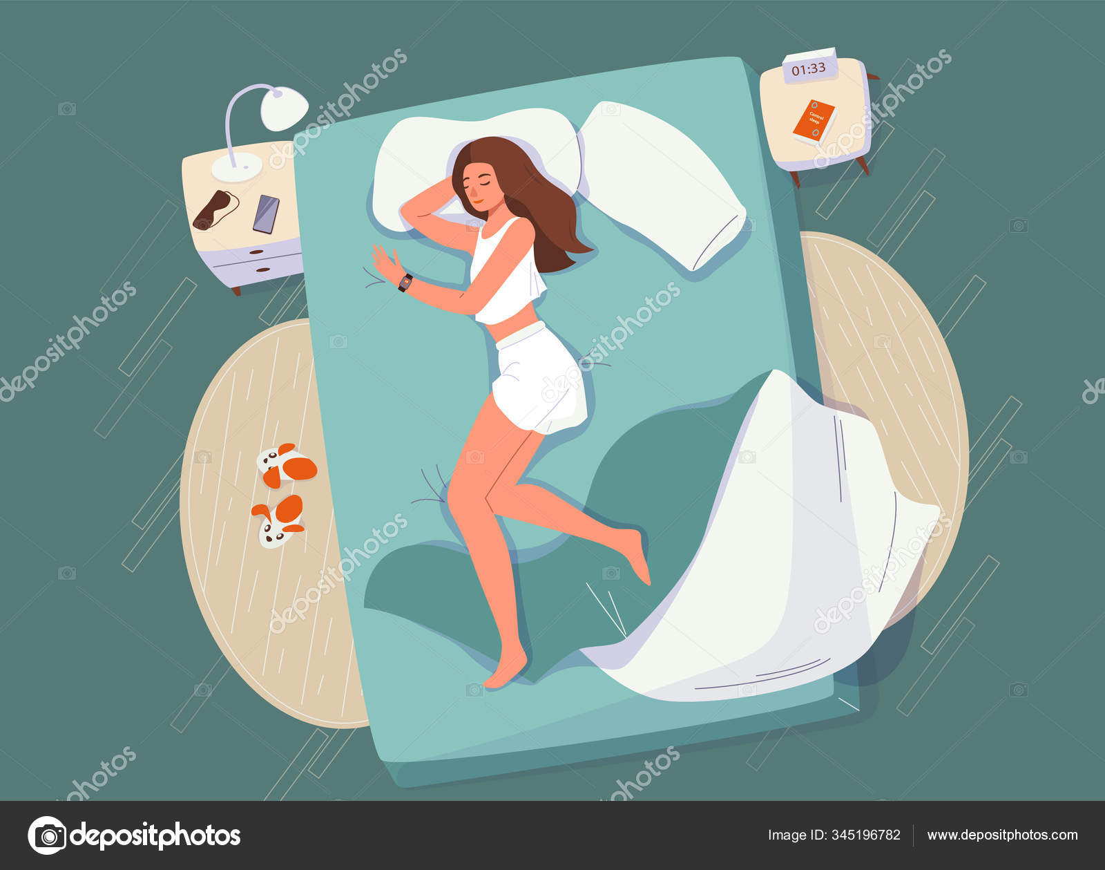 Sleep control concept vector background. Young woman sleeping at home ...