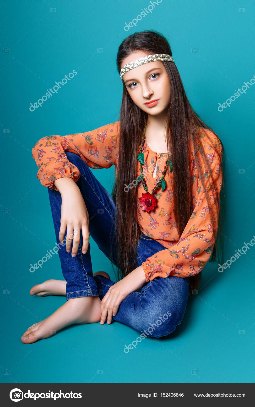 Portrait of beautiful young hippie gir in studio Stock Photo by ...