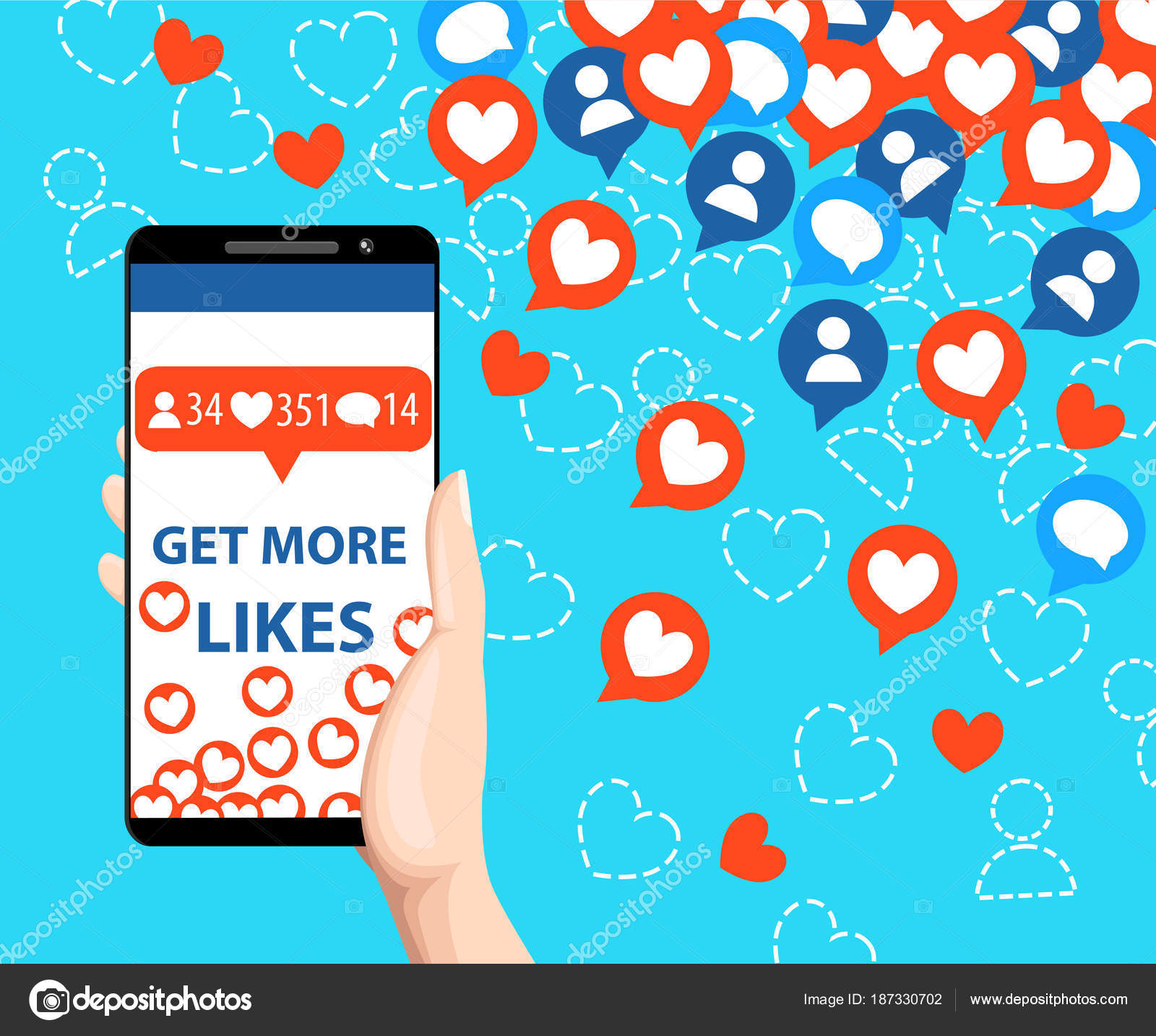 Get more likes. Smartphone pulling like. SEO concept. Hand holding ...