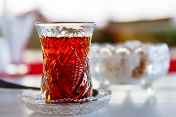 The Azerbaijan cuisine. Traditional tea in special cups of glass ...