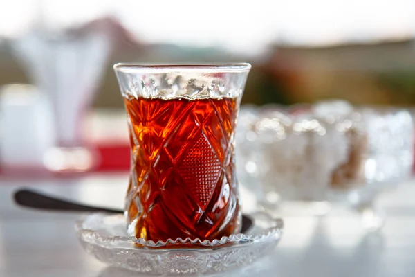 The Azerbaijan cuisine. Traditional tea in special cups of glass ...