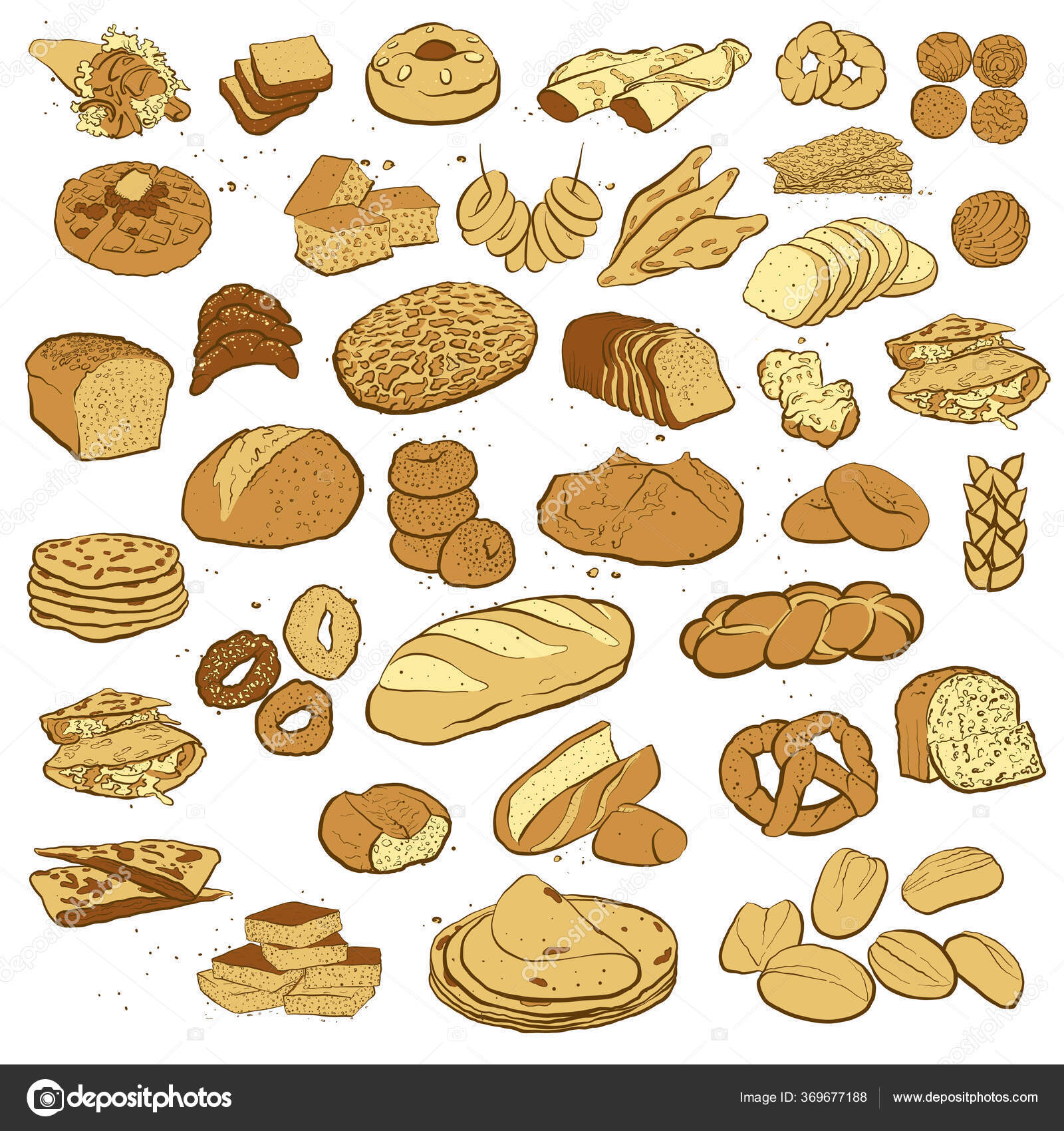 Big Collection Hand Drawn Bread Isolated White Background Different ...