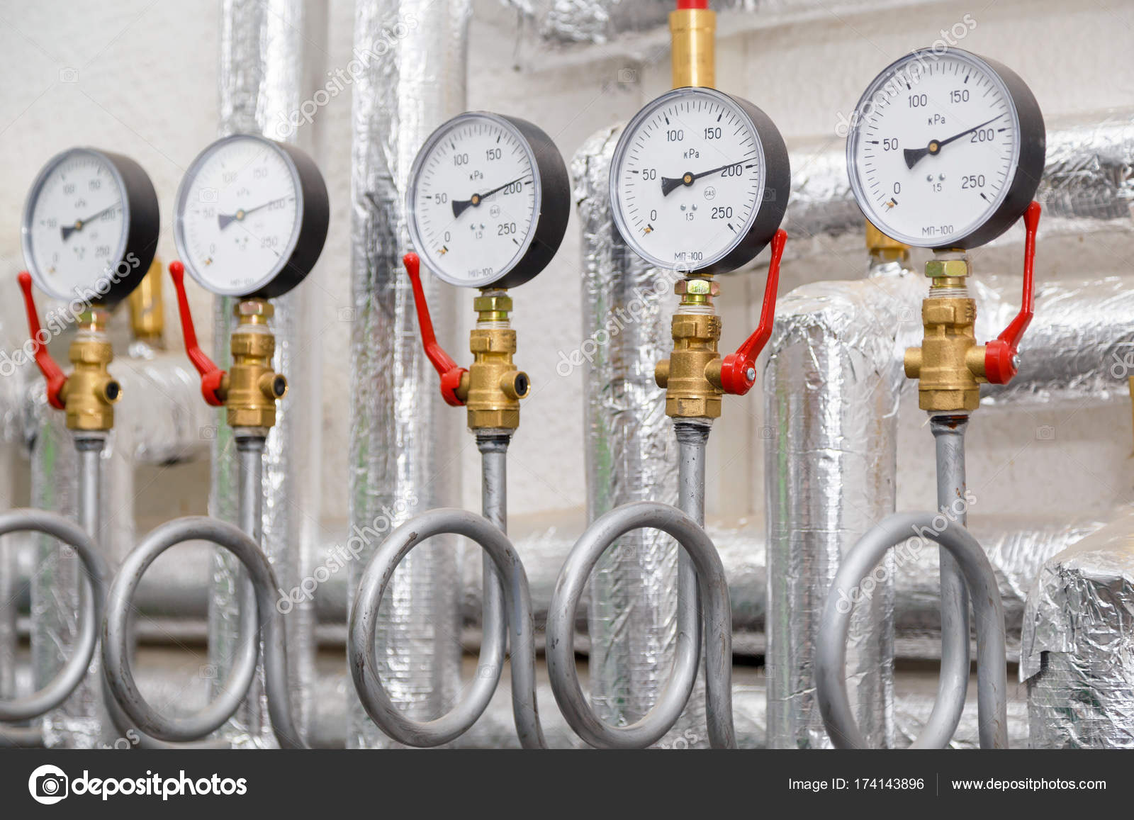 Set of manometers in industrial heating system in a boiler room Stock ...