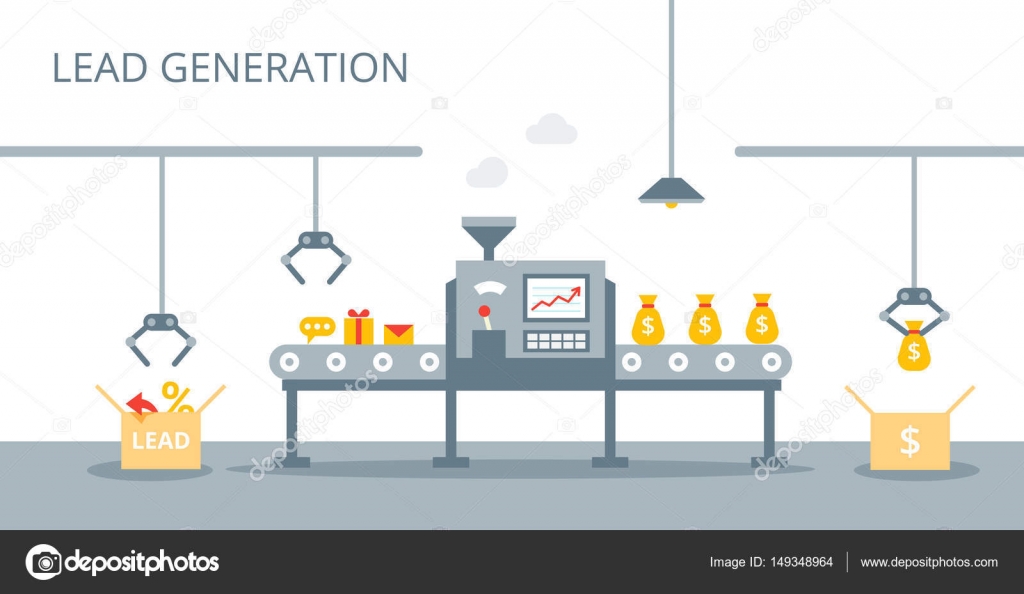 Process of leads production on the conveyor belt. Marketing concept in ...
