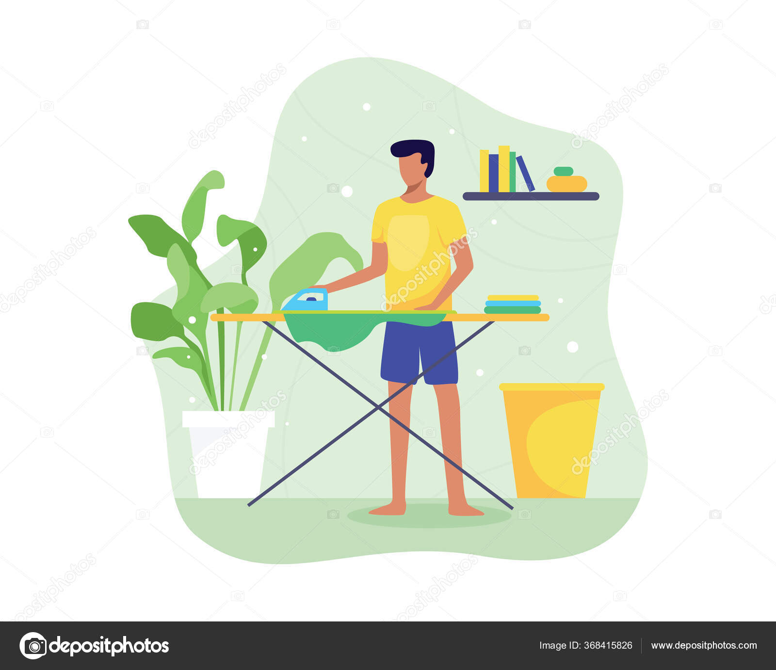 Vector Illustration Young Man Ironing Clothes Ironing Folding Clothes ...