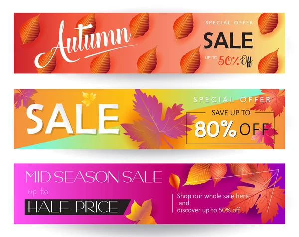 Mid season sale web banners set. Autumn Sale discount gift card. Fall ...