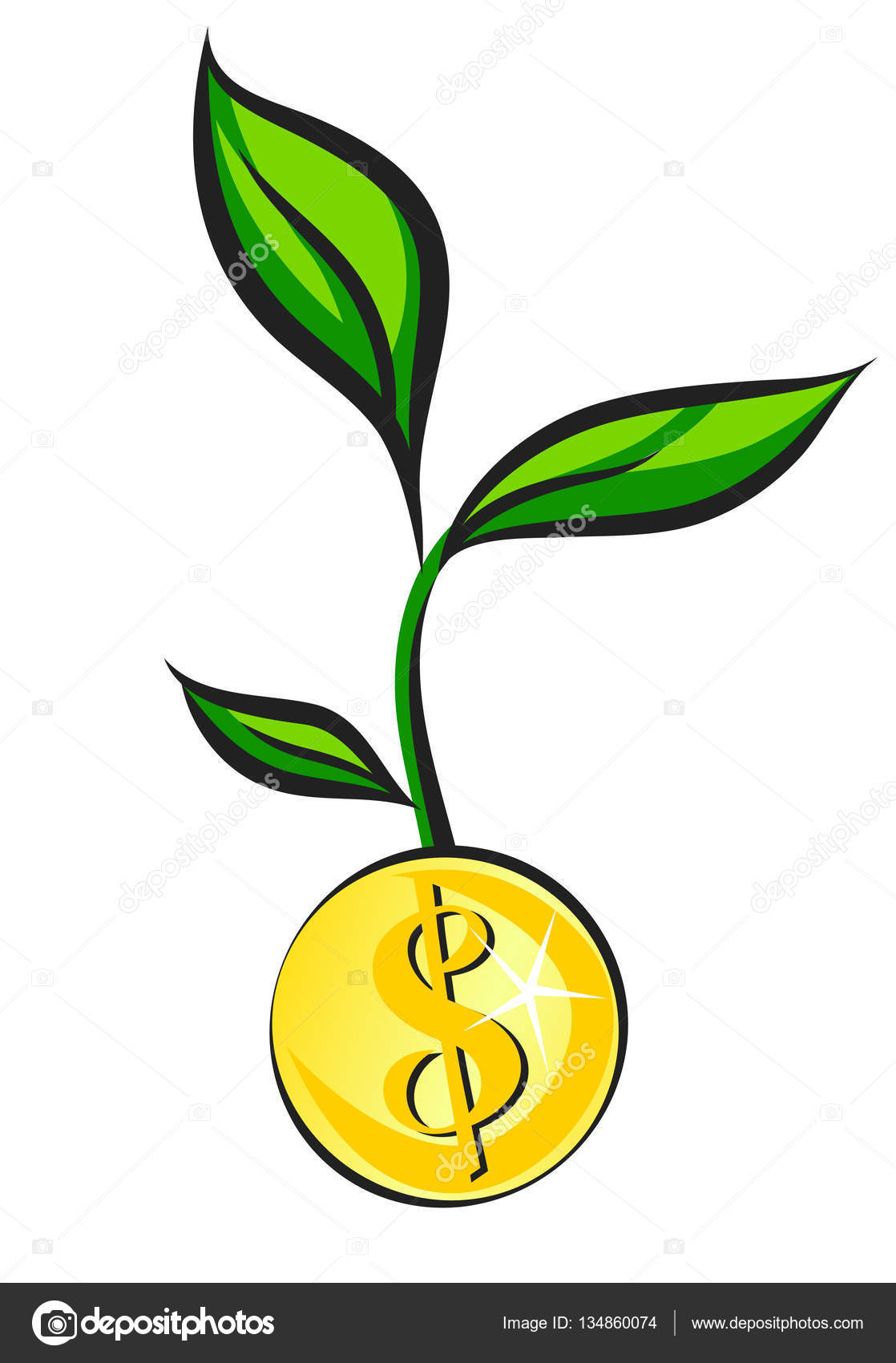 Money sprout grows from golden coin, vector illustration Stock Vector ...