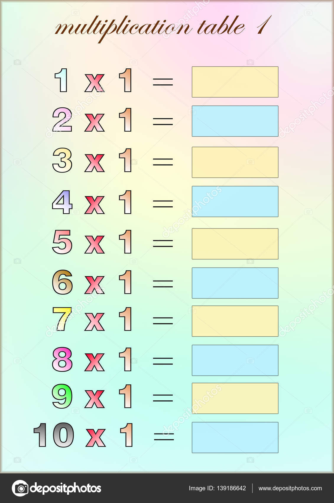 Multiplication table of one with empty space to write — Stock Photo ...