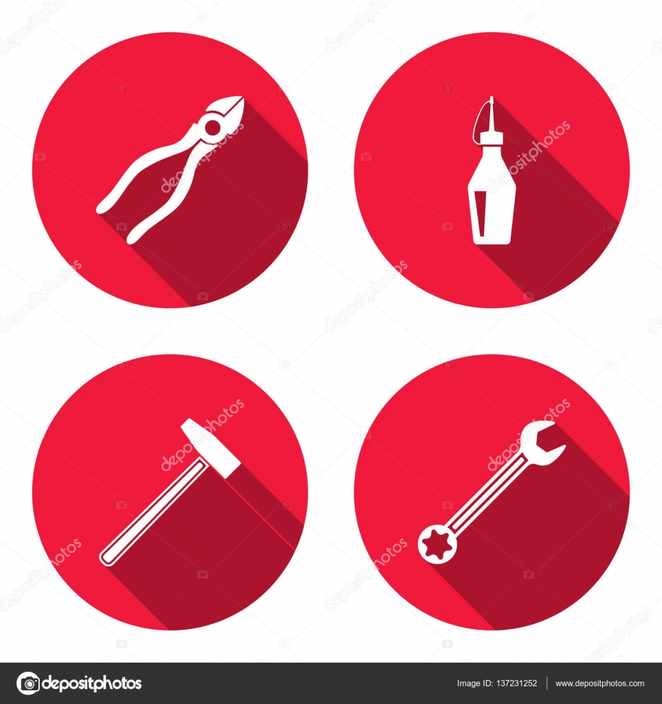 Glue, hammer, wrench key, pliers icon. Repair fix tool symbol. Round ...