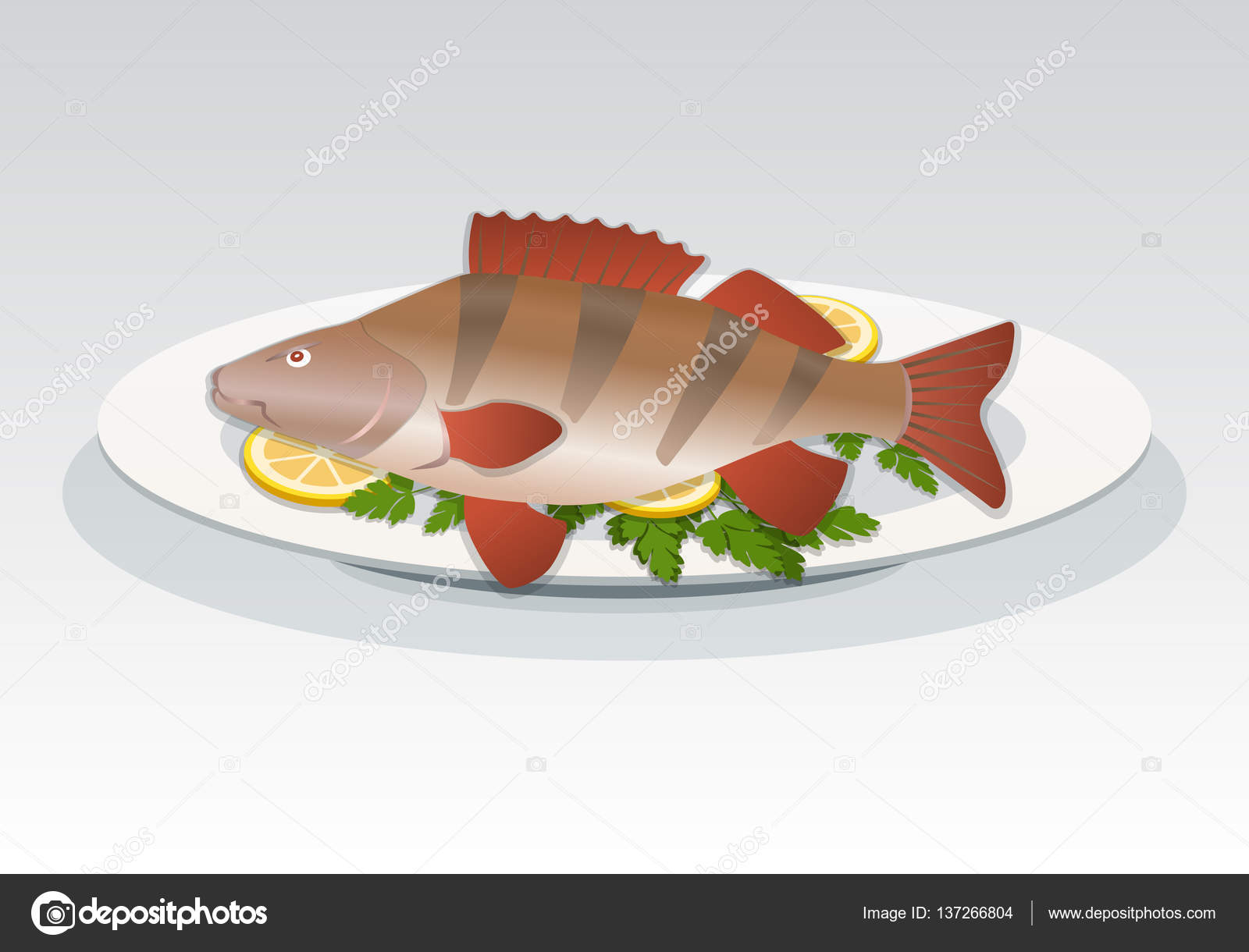 Fish icon. Perch on white plate with lemon and herbs. Food, seafood ...