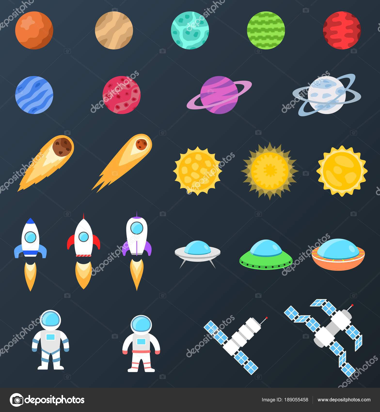 Set of space objects. Planets, stars, comet, spaceship, ufo, cosmic ...