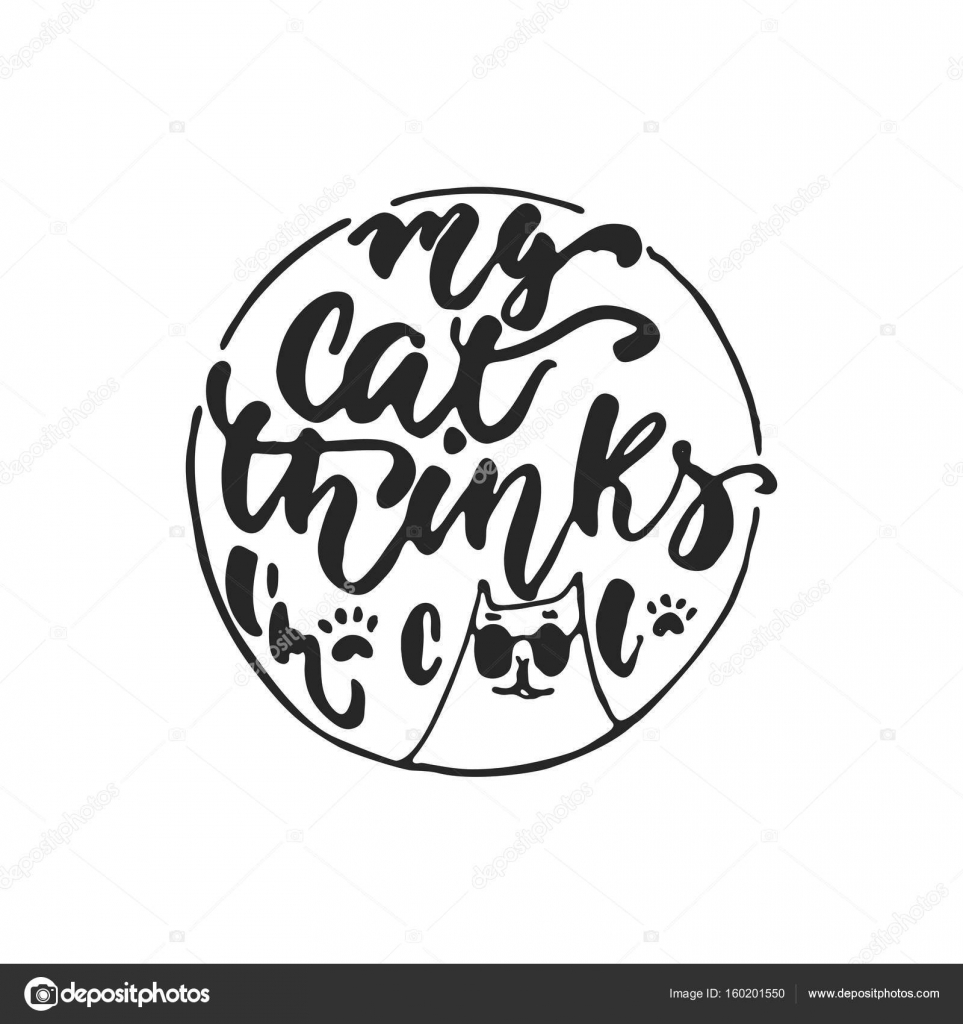 My cat thinks Im cool - hand drawn dancing lettering quote isolated on ...