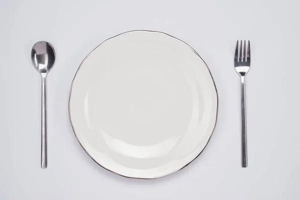 Dinner Plate Setting Top View Empty Plate Silverware Set Wooden Stock ...