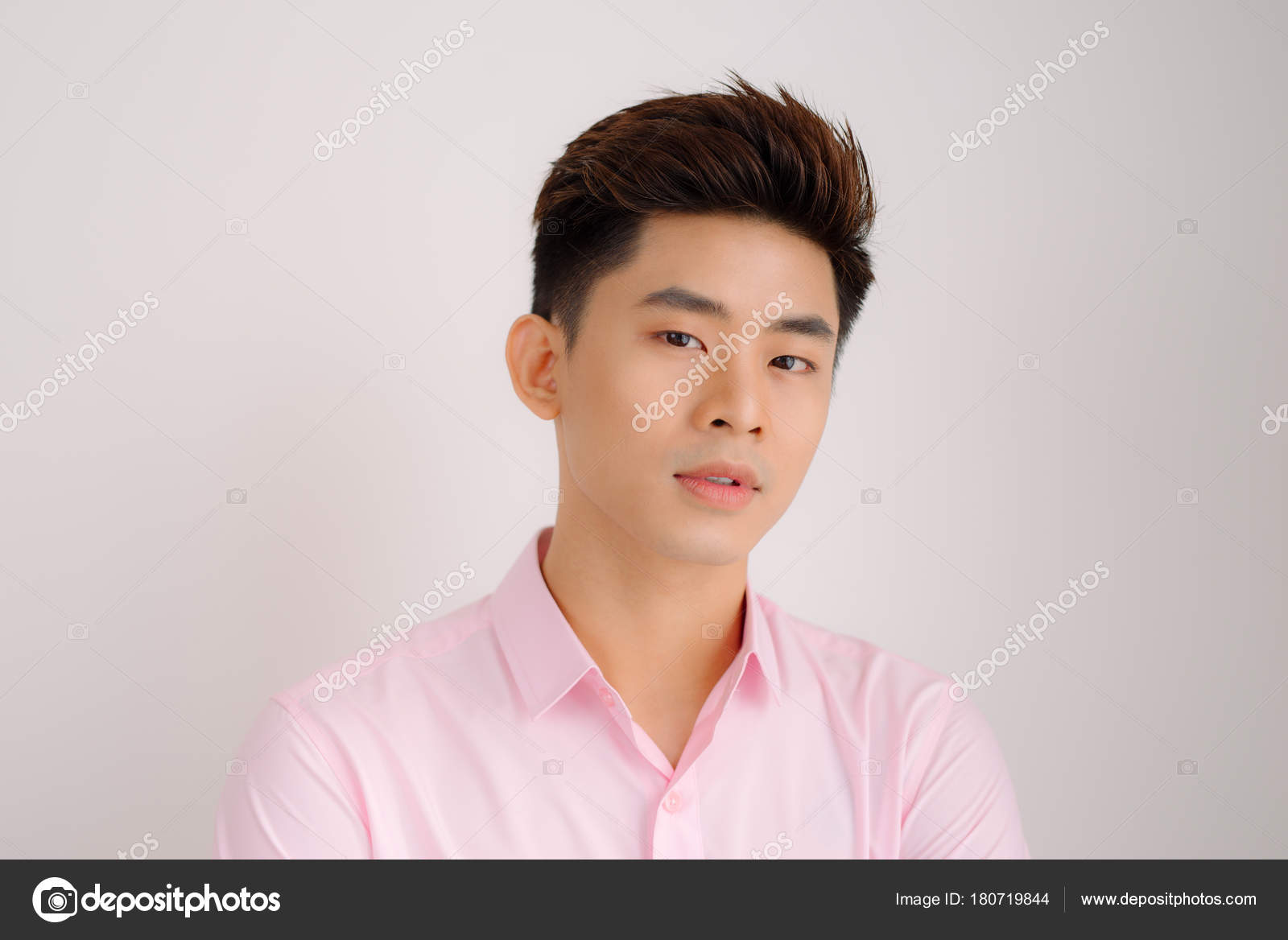Handsome Asian Man Stand Smile Posing Gray Background Stock Photo by ...