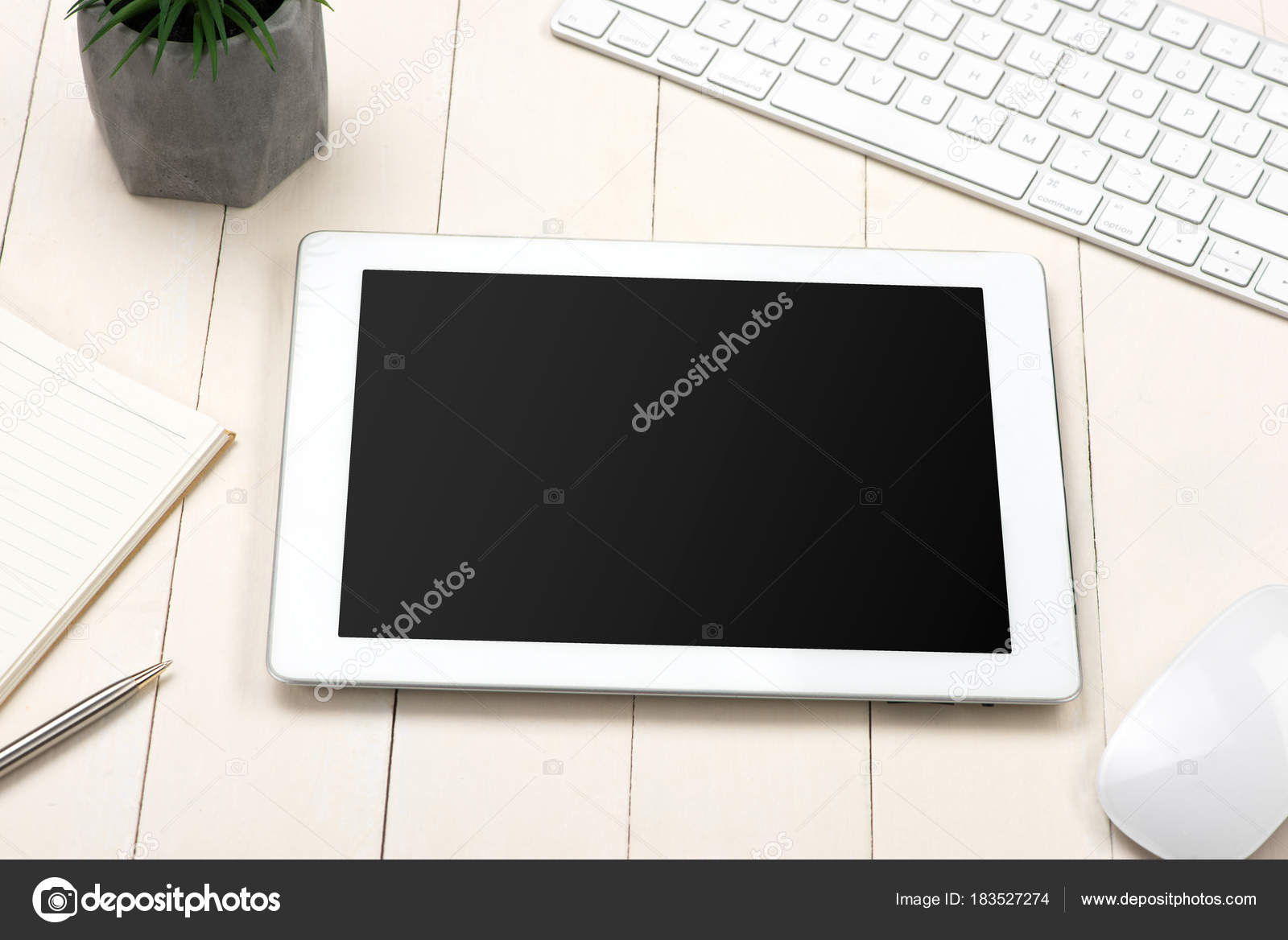Top View White Tablet Black Screen Advertising Display Wood Background ...