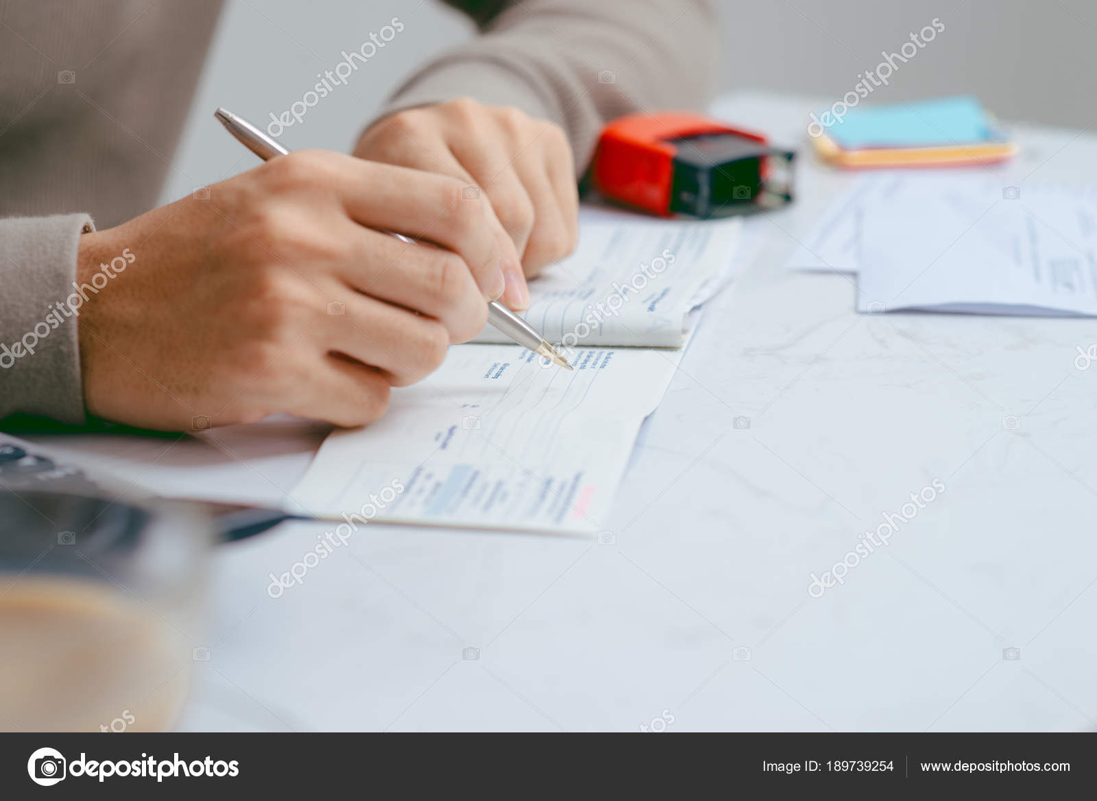 Male Hands Writing Payment Check Table Calculator Stamp — Stock Photo ...