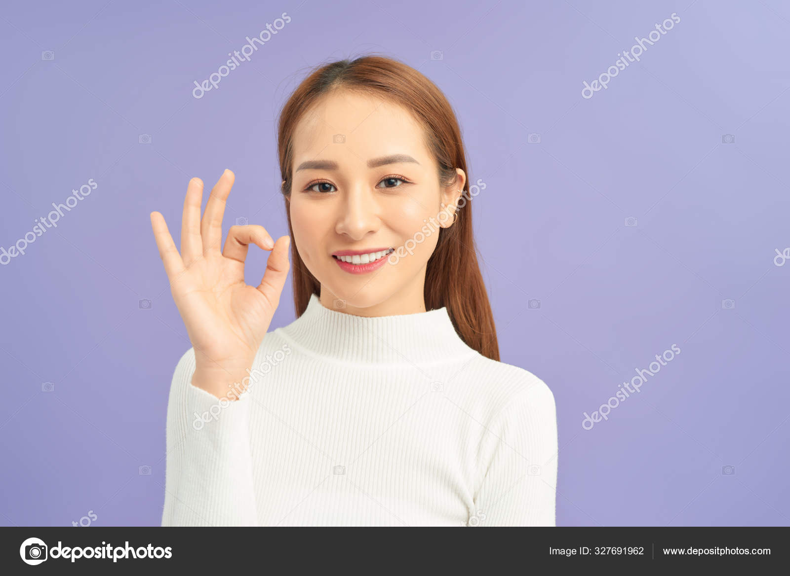 Beautiful Young Girl Showing Sign Violet Background Stock Photo by ...