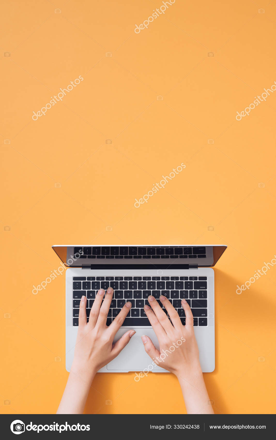 Flat Lay Laptop Coffee Notebook Yellow Background Female Hands Typing ...