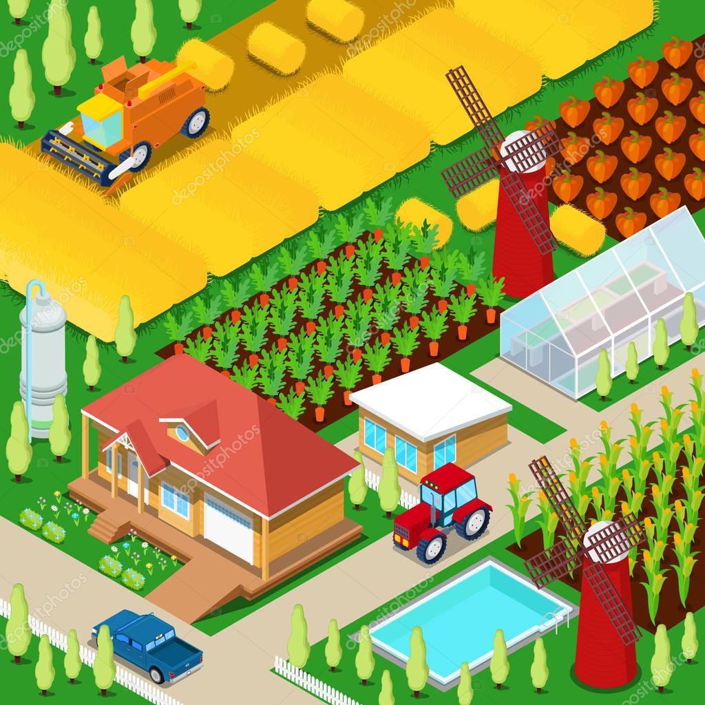 Isometric Rural Farm Agricultural Field with Greenhouse and Windmill ...