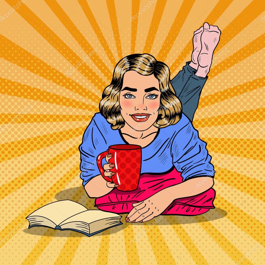Pop Art Young Smiling Woman Drinking Coffee and Reading Book. Vector ...
