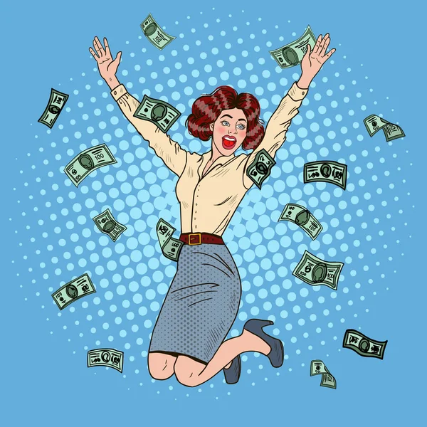 Pop Art Successful Jumping Business Woman Celebrating in Falling Down ...