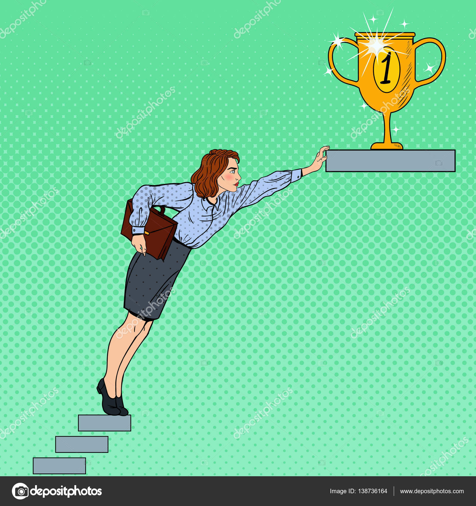 Mujer de negocios de arte pop dura tratando de llegar a la meta ...