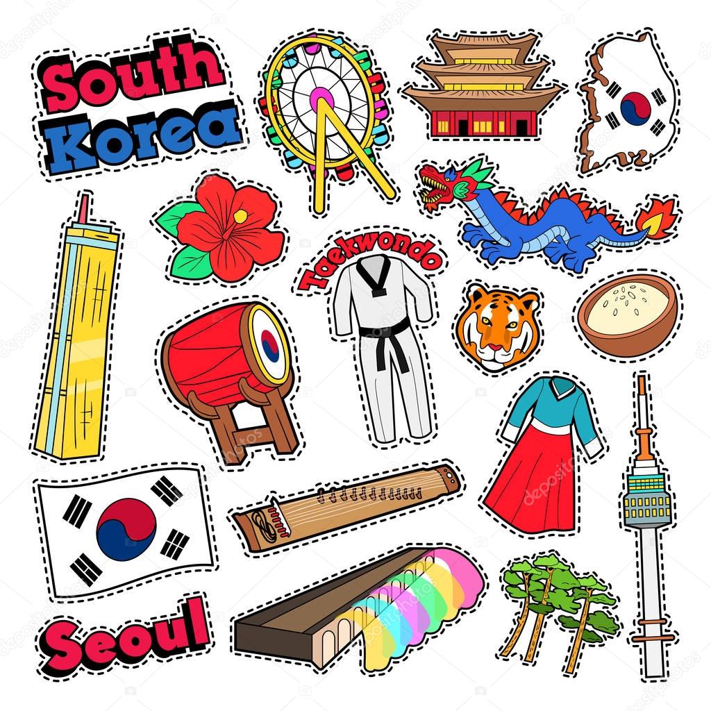 Corea del Sur Elementos de viaje con arquitectura y Taekwondo. Vector ...