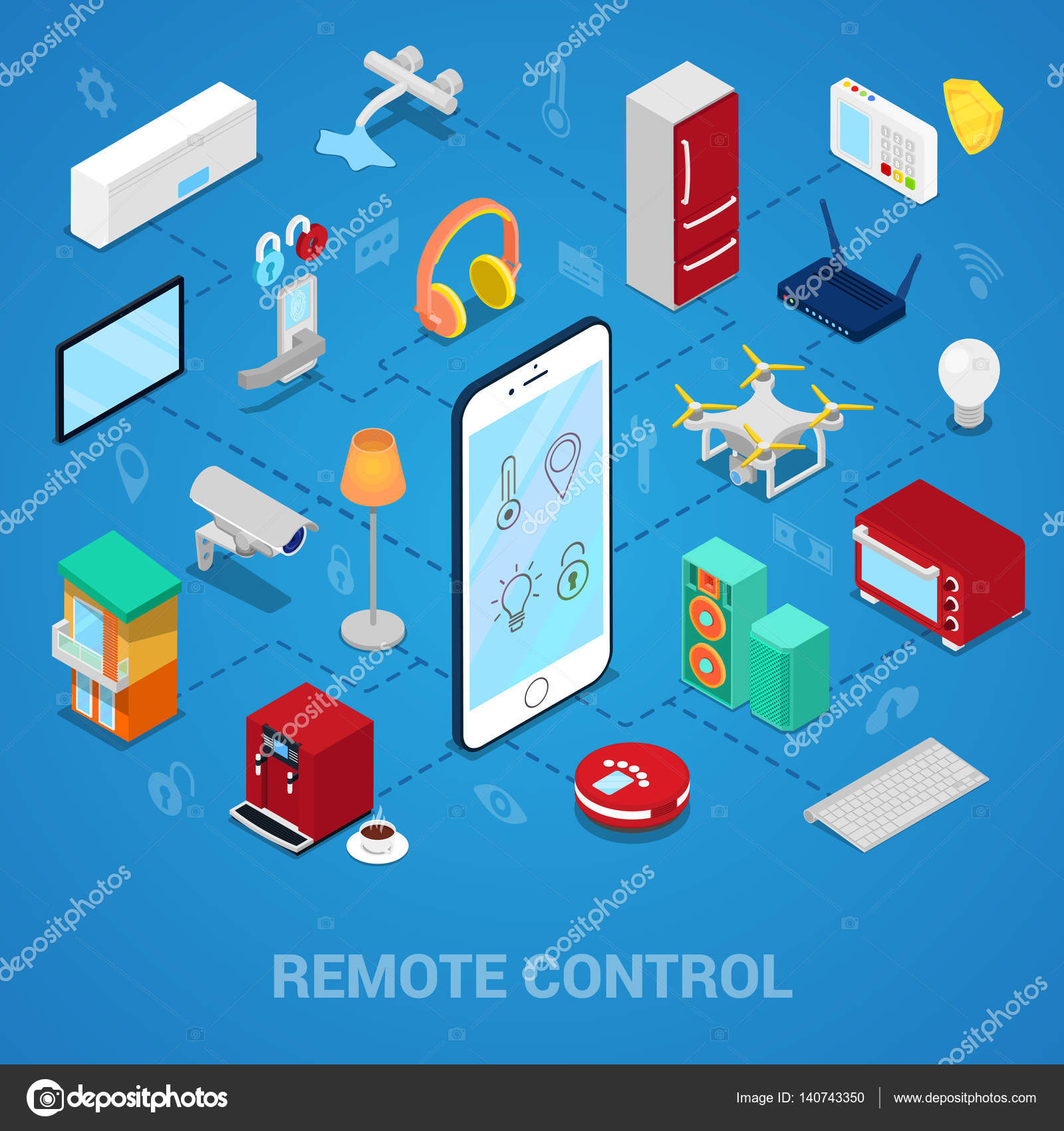 Smart Home Isometric Concept. Remote Control for House Appliances with ...