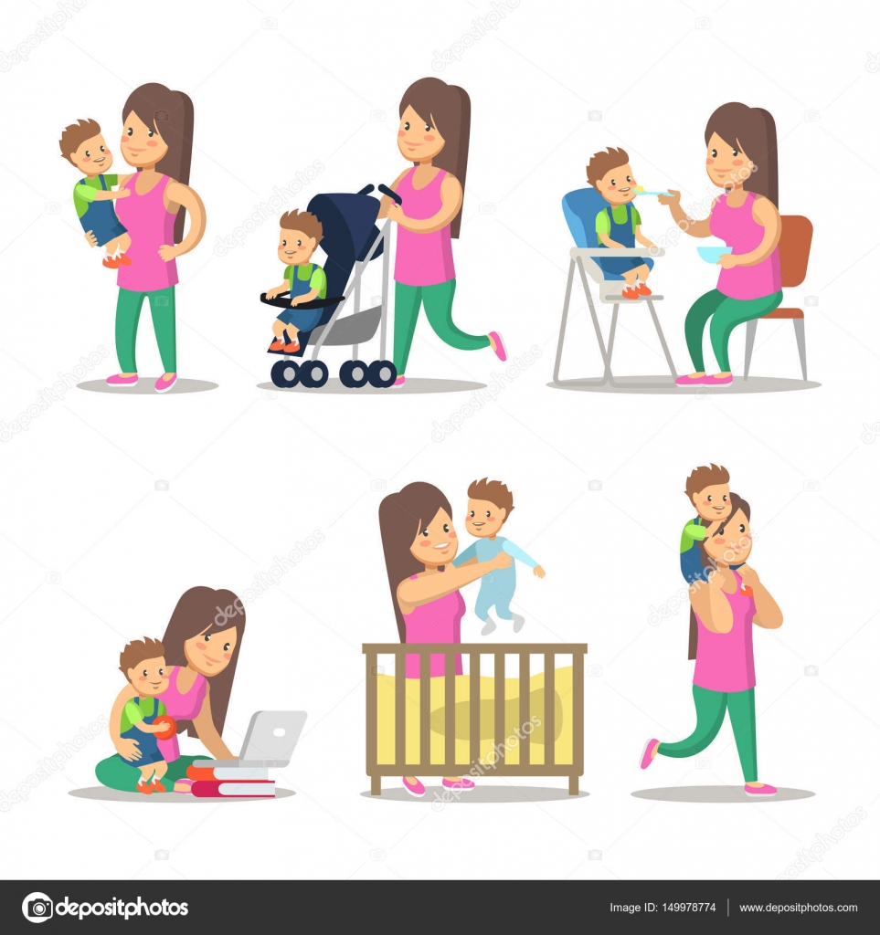 Glückliche Mutter und Sohn Karikaturen. Mutterschaft und Elternschaft ...